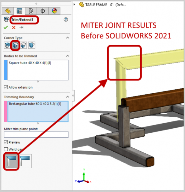 Miter Joints with Different Sized Weldment Profiles in SOLIDWORKS 2021