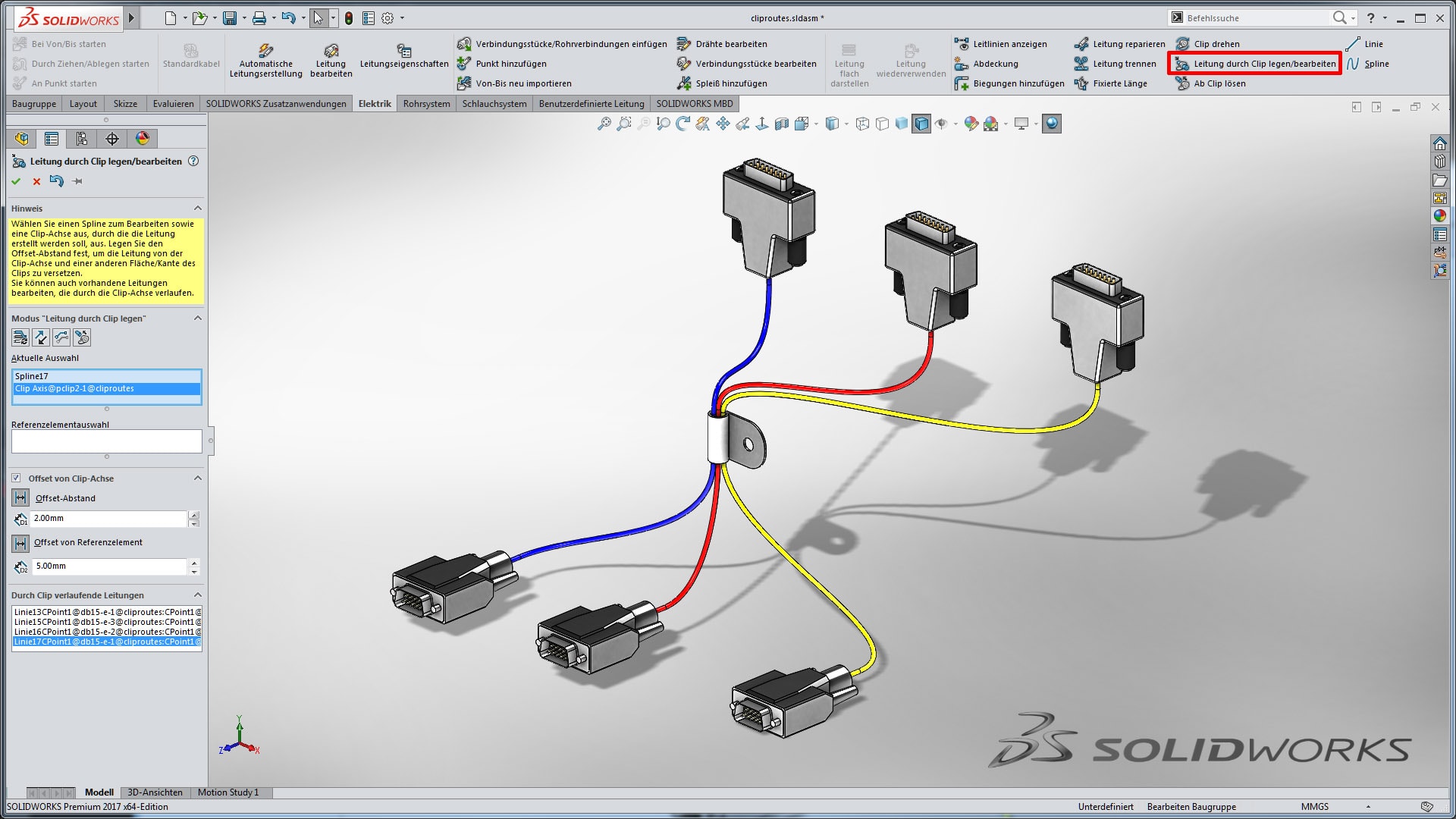 Neue Funktionen in SOLIDWORKS 2017: Leitung durch Clip legen